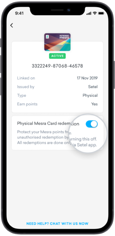 Setel Help - How do I turn off Mesra Rewards points redemption on my physical Mesra card?