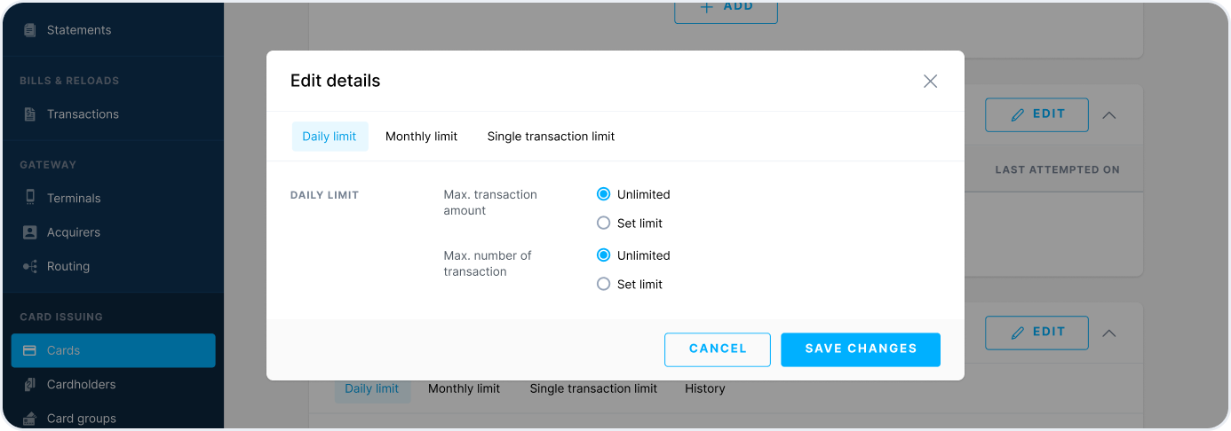 Setel Help - How do I set up the transaction limit for a card?